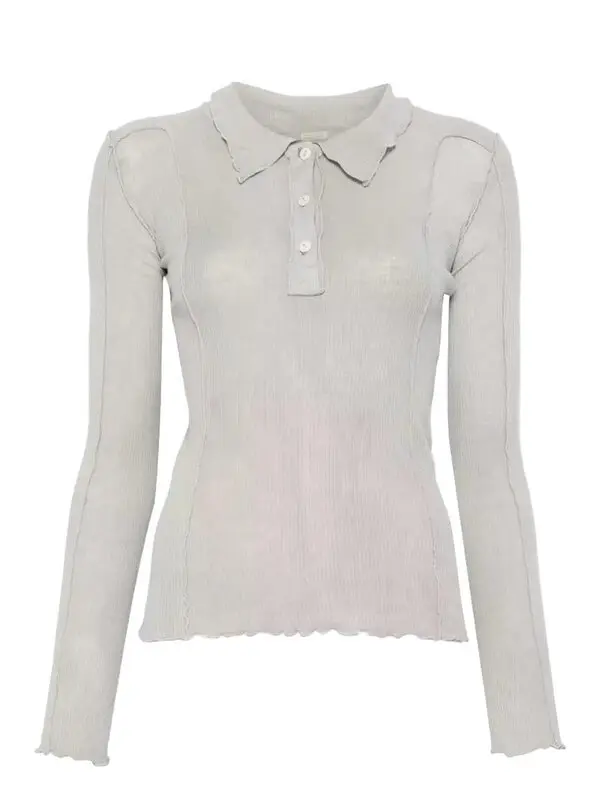 BASERANGE Ribbed Knit Polo-collar Top - Grey