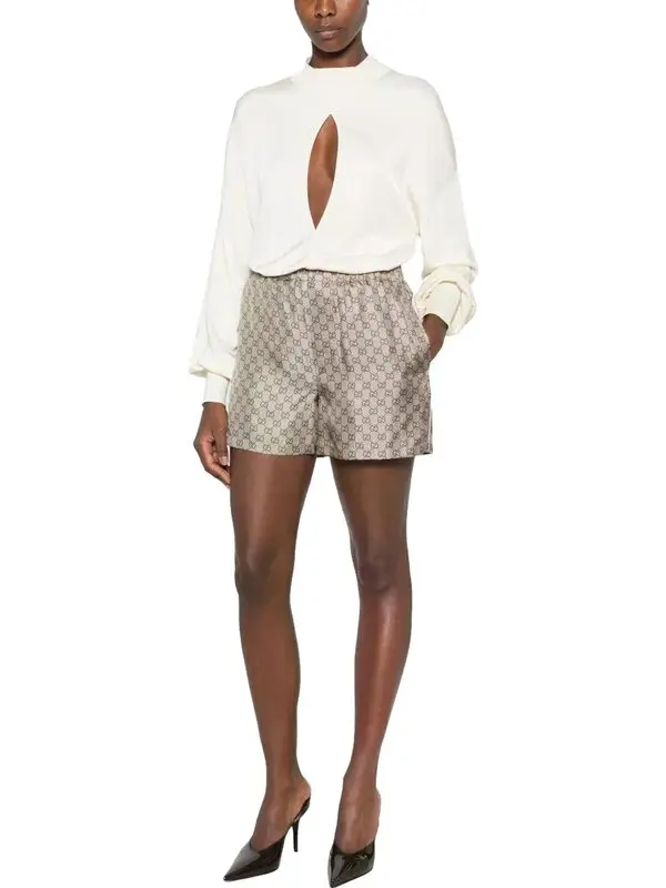 Gucci Gg Supreme Print Silk Twill Shorts With Contrast Piping - Neutrals