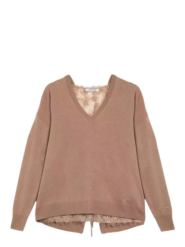 ERMANNO FIRENZE Lace-panelled Tie-fastening Sweater - Brown