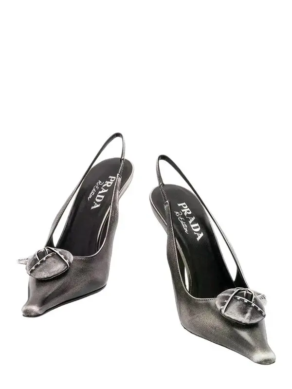 Prada Leather Slingback Pumps With Floral Appliqu - Silver