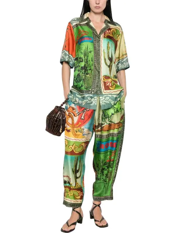 ALEMAIS Graphic-print Silk Trousers - Green