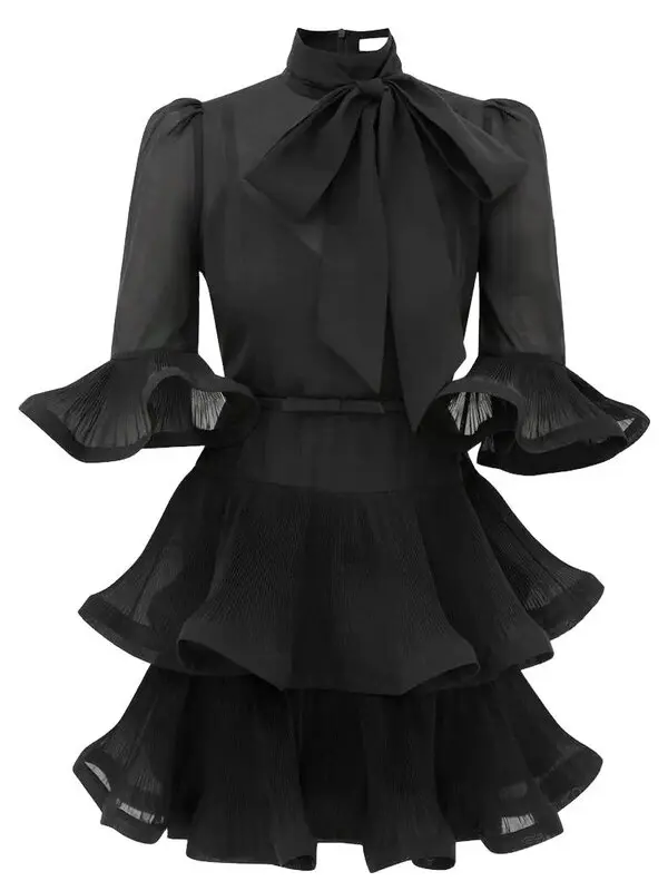 Zimmermann Pleated Tiered Dress With Pussy-bow Collar - Black