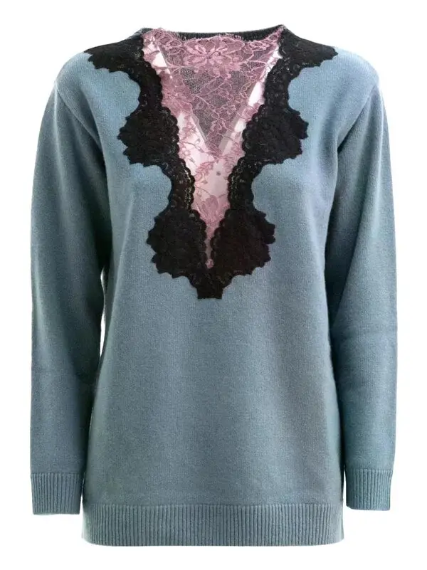 Valentino Garavani Lace-panelled V-neck Sweater - Blue