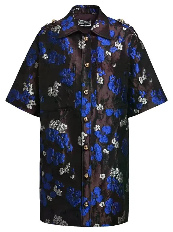 Essentiel Antwerp Floral Jacquard Shoulder Epaulette Shirt Mini Dress - Brown