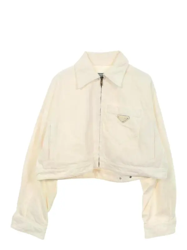 Prada Cropped Denim Jacket With Logo Plate - Neutrals