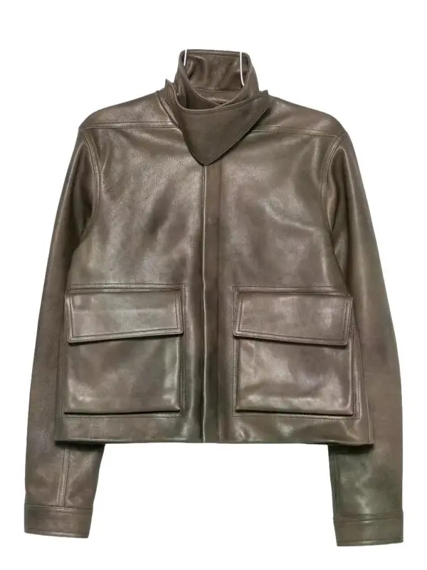 Rick Owens Funnel Neck Leather Jacket - Grey