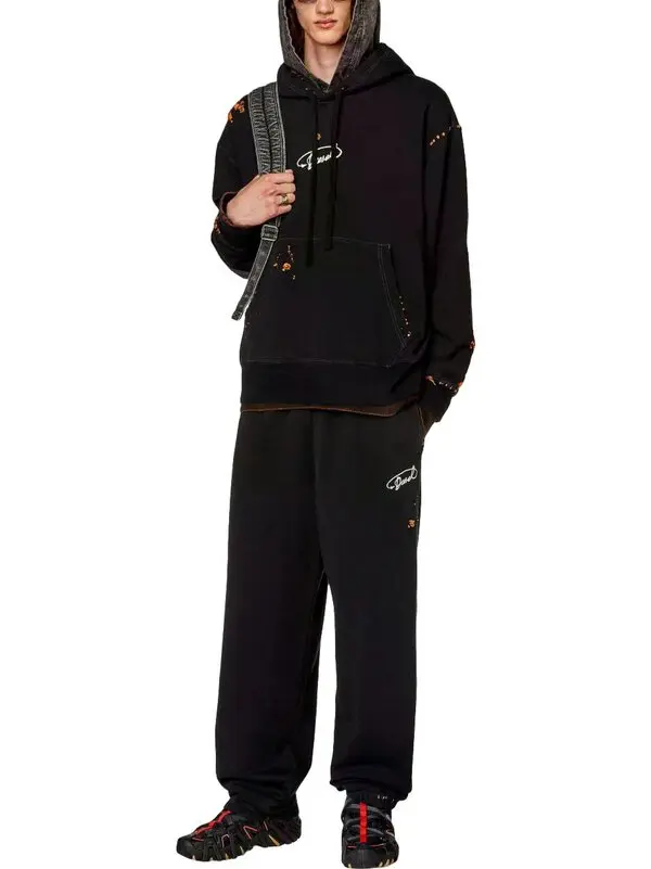 DIESEL® Cotton Hoodie With Logo Print And Paint Splatter Detail - Black