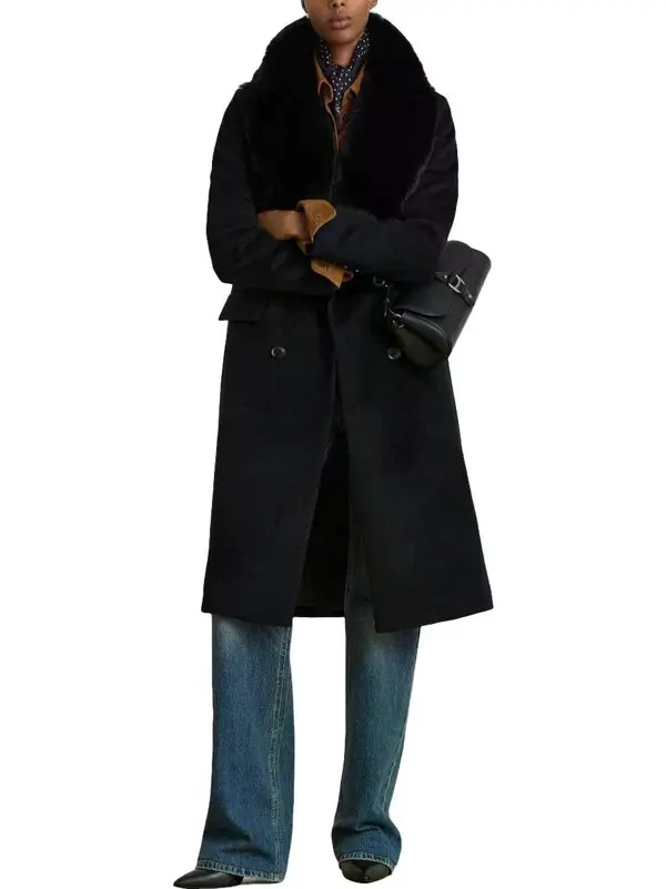 Ralph Lauren Double-breasted Faux Fur Trimmed Coat - Black