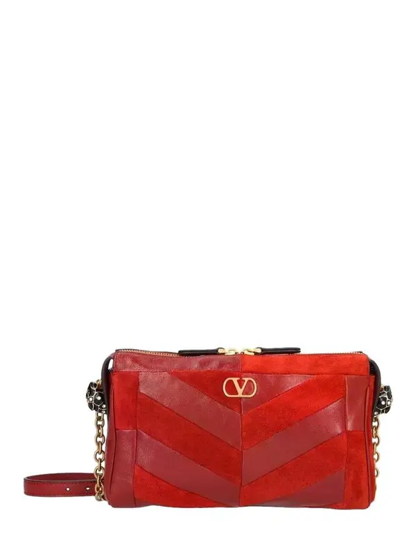 Valentino Garavani Panthea Small Shoulder Bag In Suede And Nappa Leather With Chevron Pattern - Red