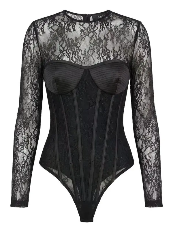 NISSA Lace-panelled Corset-style Bodysuit - Black
