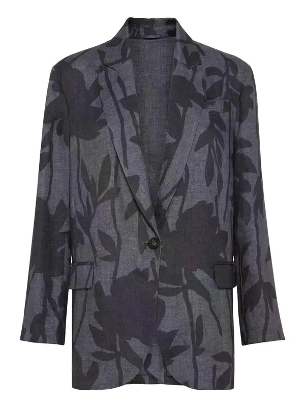 Brunello Cucinelli Leaf-print Linen Blazer - Grey
