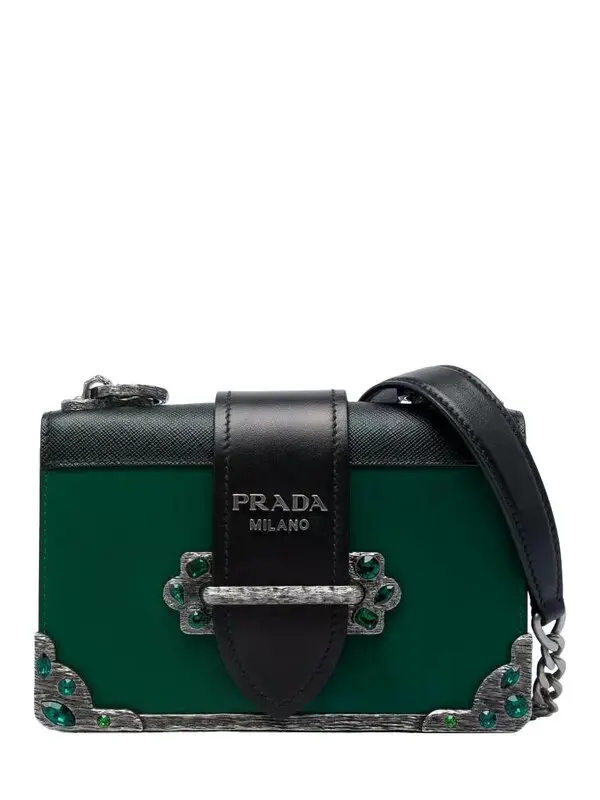 Prada Saffiano Trimmed City Calf Crystal Cahier Crossbody Bag - Black