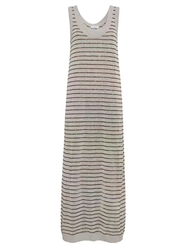 Brunello Cucinelli Striped Cotton Knit Maxi Dress - Grey