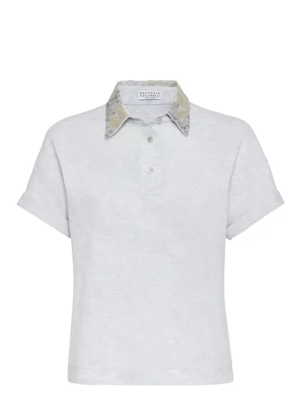 Brunello Cucinelli Embellished Collar Cotton Polo Shirt - Grey