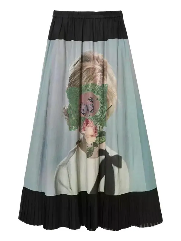 Undercover Graphic Print Pleated Hem A-line Skirt - Black