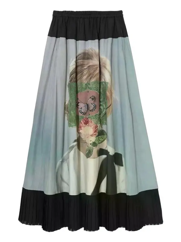 Undercover Graphic Print Pleated Hem A-line Skirt - Black