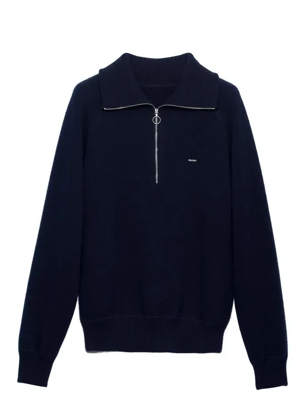 Prada Wool And Cashmere Zip-up Polo Sweater - Navy
