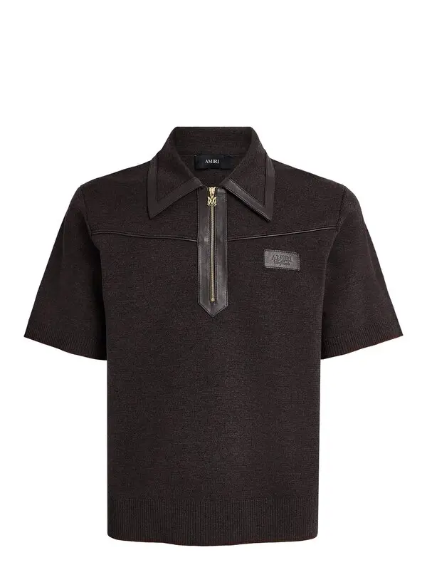 Amiri Wool Leather-trim Zip Polo Shirt - Brown