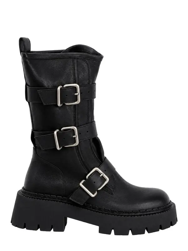 VIC MATIE Mid-calf Leather Biker Boots With Adjustable Straps - Black