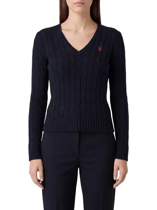 Polo Ralph Lauren Slim Fit V-neck Cotton Sweater With Embroidered Pony - Blue