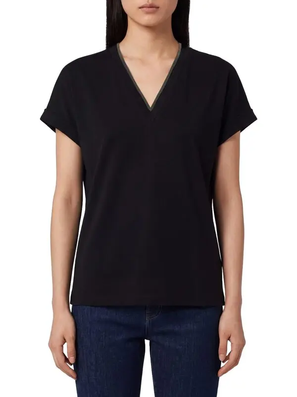 Brunello Cucinelli V-neck Cotton Top With Monili Detail - Black