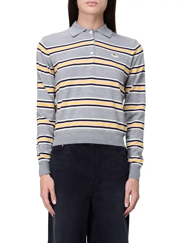 Fiorucci Striped Long-sleeve Merino Wool Knit Polo - Grey