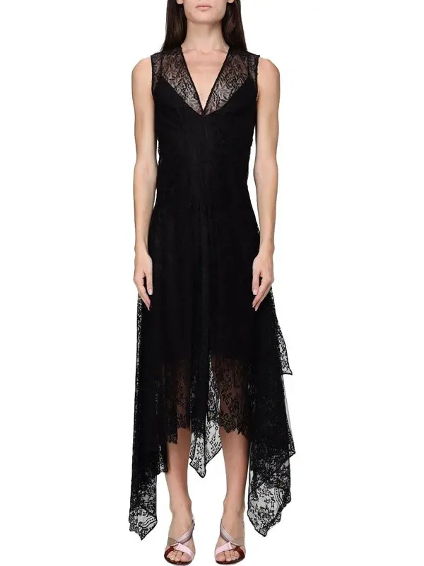Fendi Off-the-shoulder Silk Midi Dress With Asymmetric Hem And Lace Inserts - Black