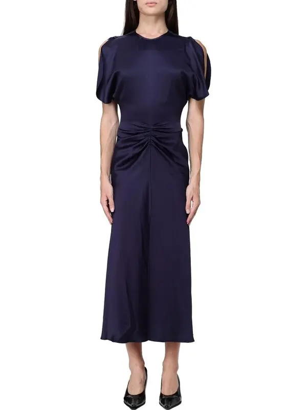 Victoria Beckham Bela Viscose Sheath Midi Dress With Puff Sleeves - Blue