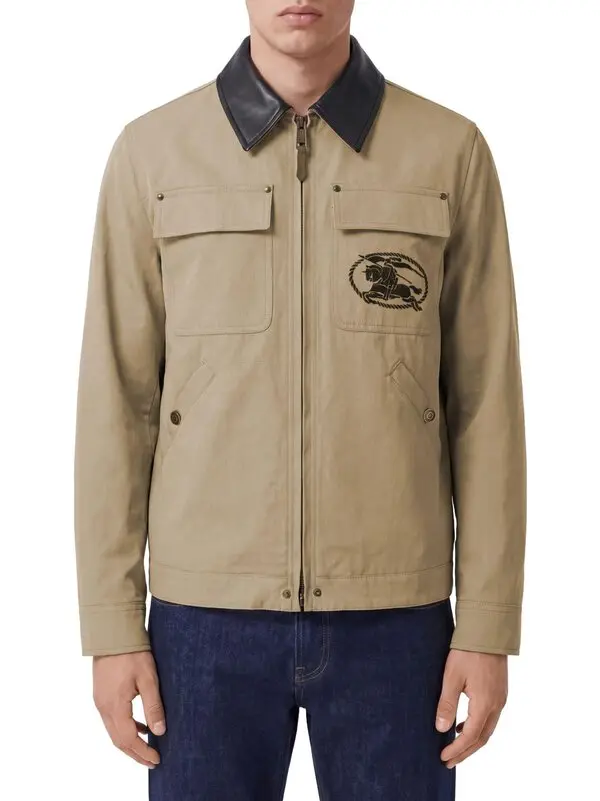 Burberry Ekd Logo Cotton Shirt Jacket With Leather Collar - Beige