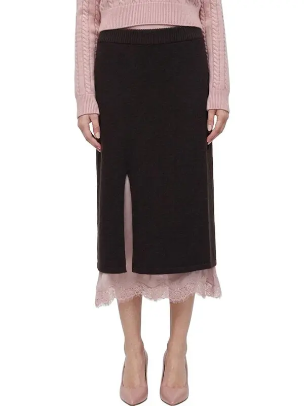 Pinko Bi-wool Blend Knit Midi Skirt With Lace Detail - Brown