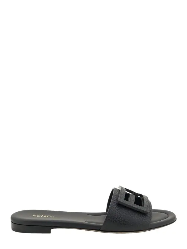 Fendi Baguette Ff Monogram Leather Mules With Low Heel - Black