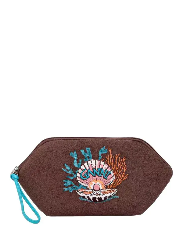 GANNI Embroidered Towelling Pouch - Brown