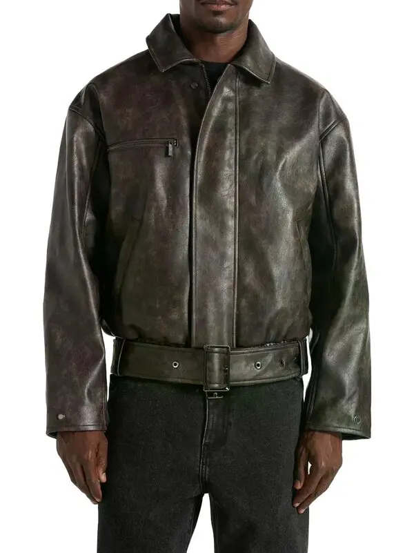 Manière De Voir Ezra Leather Belted Bomber Jacket - Brown