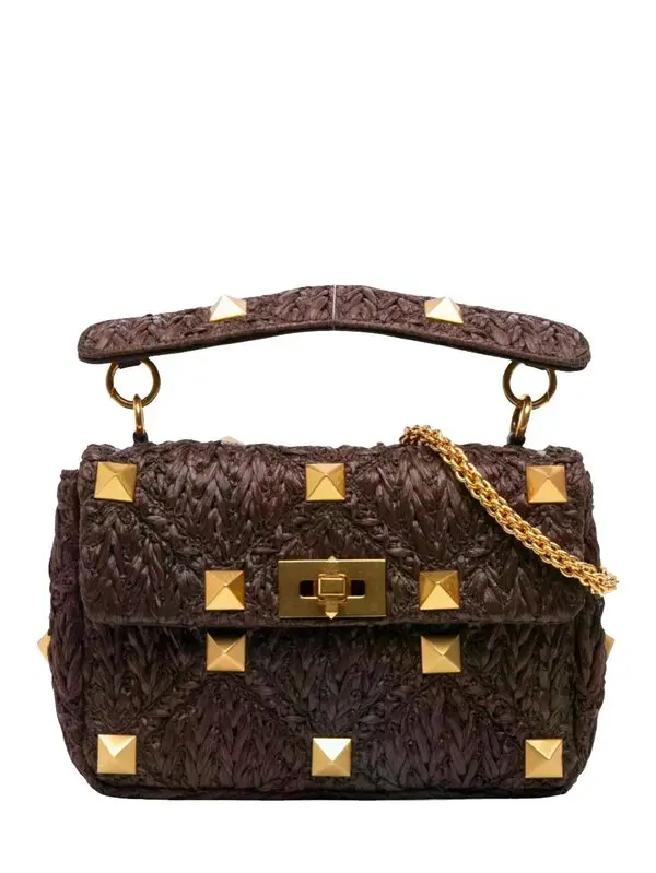 Valentino Garavani Medium Raffia Roman Stud Satchel - Brown