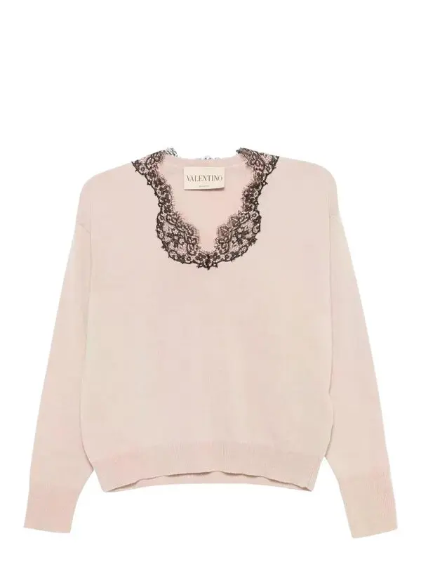 Valentino Garavani Lace Trim Fine Knit Sweater - Pink