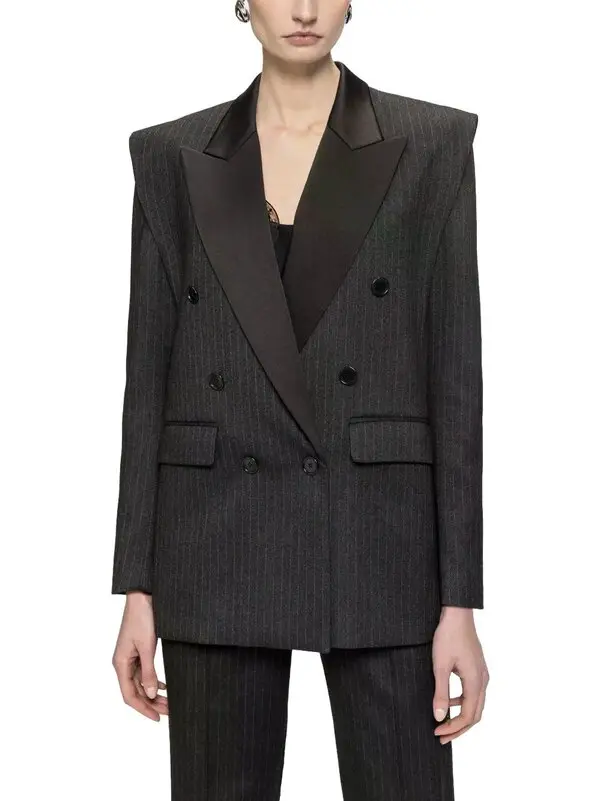 NISSA Pinstripe Contrast-lapel Double-breasted Blazer - Grey