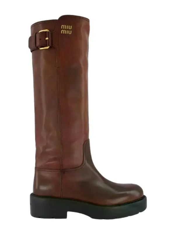 Miu Miu Leather Knee High Boots With Side Buckle - Brown
