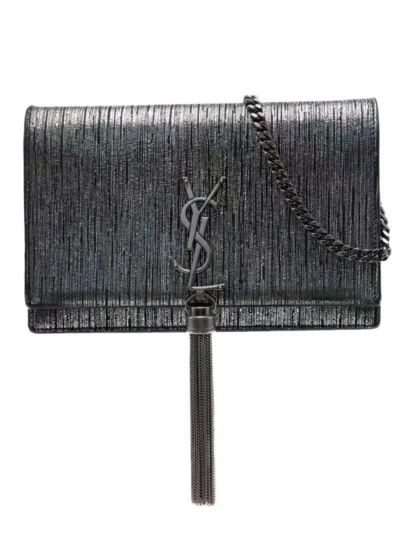 Saint Laurent Metallic Suede Monogram Kate Tassel Wallet On Chain Crossbody Bag - Silver