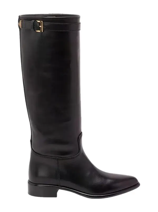 Prada Leather Buckled Knee High Boots - Black
