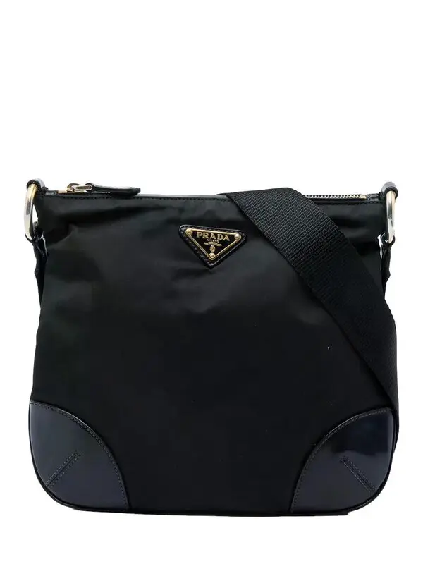 Prada Tessuto Leather Trimmed Zip Top Crossbody Bag - Black