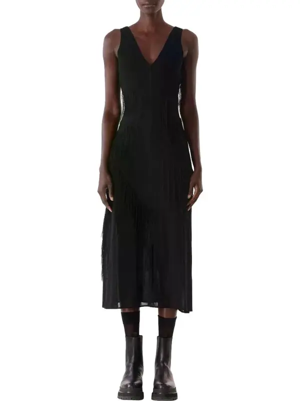 JASON WU V-neck Sleeveless Midi Dress With Fringe Detail - Black