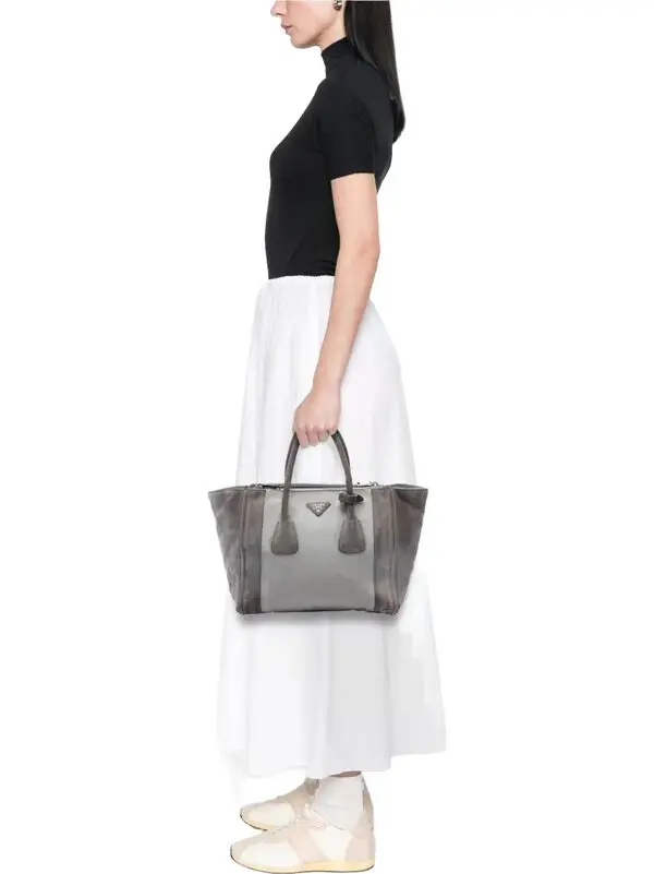 Prada Suede And Canvas Double Handle Satchel - Grey