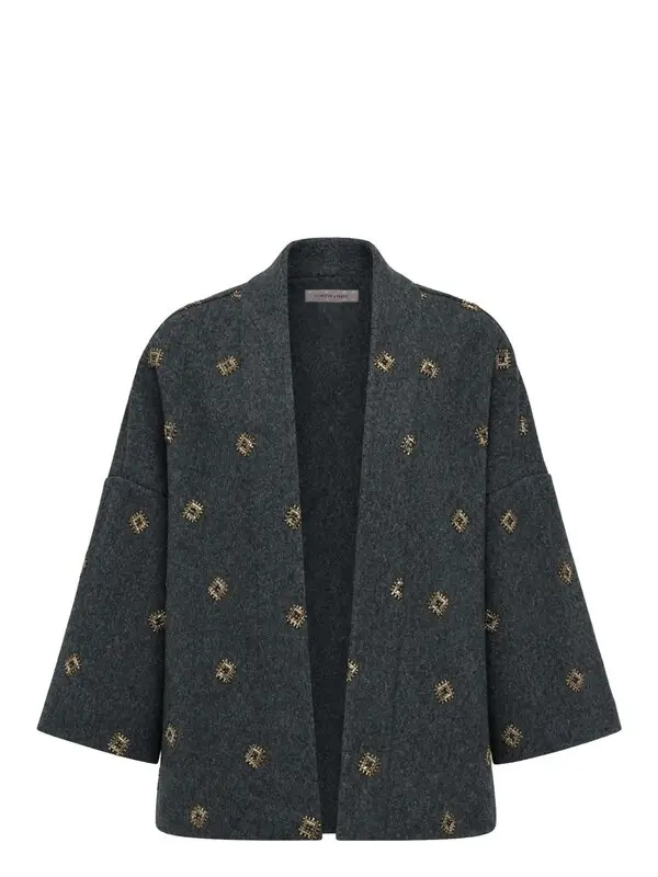TRAFFIC PEOPLE Grey And Gold Embroidered Relaxed Shrug Jacket - Grey/gold