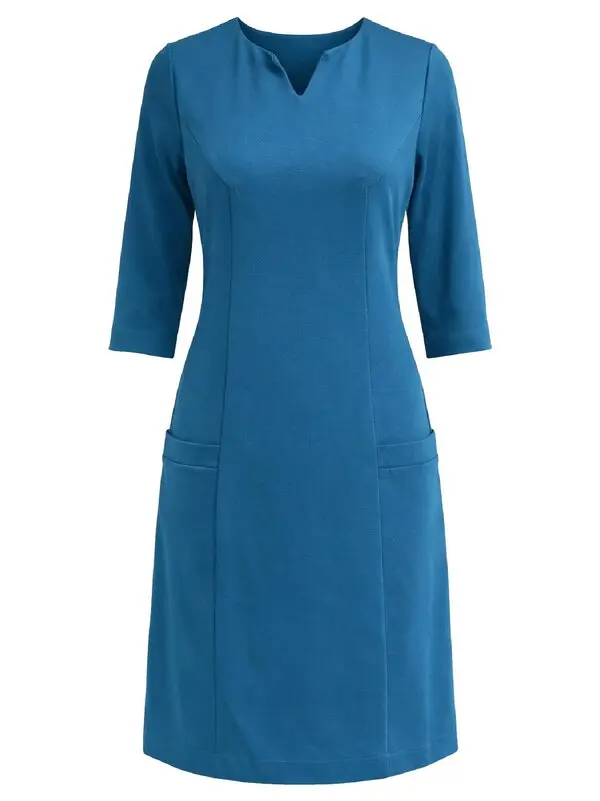 CONQUISTA Elegant Teal Shift Dress With Notched Neckline - Blue