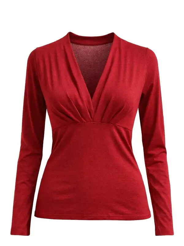 CONQUISTA Deep V-neck Long-sleeve Top - Red