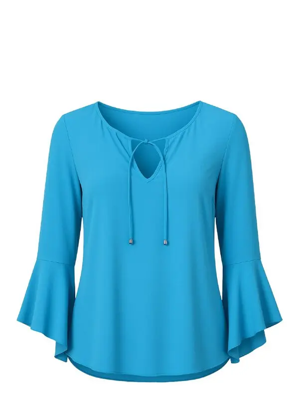 CONQUISTA Turquoise Tie-neck Blouse With Flared Sleeves - Blue