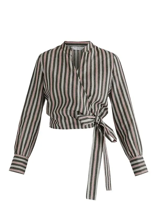 PAISIE Split Collarless Wrap Top With Side-tie Waist In Stripes - Black