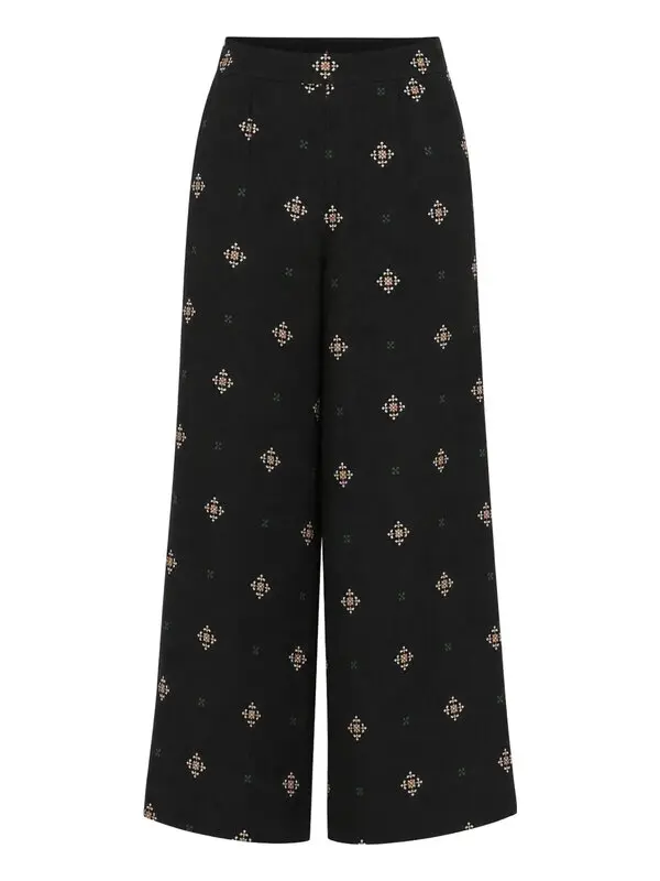 TRAFFIC PEOPLE Embroidered Wide Leg Trousers - Black