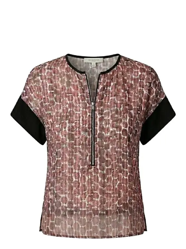 CONQUISTA Printed Zip-front Blouse With Contrast Cuffs - Black