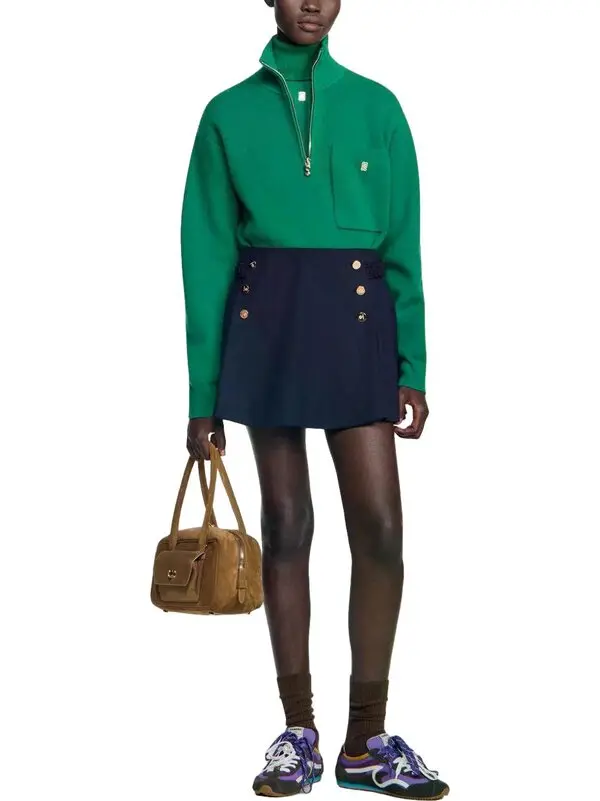 Sandro Pleated Mini Skorts With Gold-tone Logo-engraved Buttons - Blue